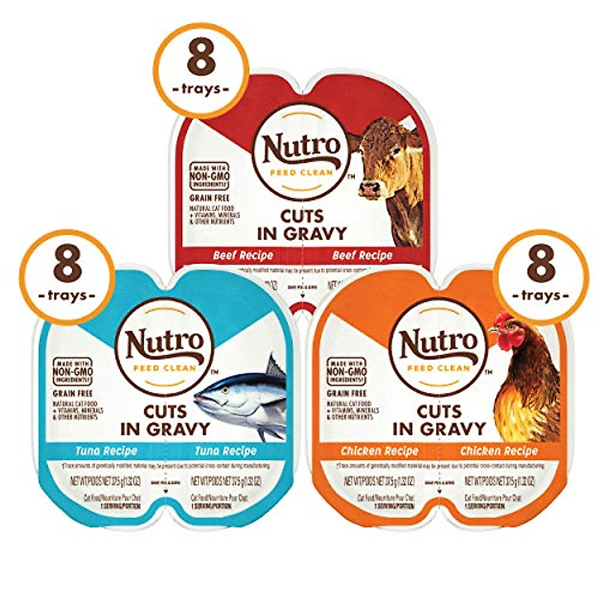 NUTRO Grain Free Natural Wet Cat Food Cuts in Gravy Beef Recipe, Tuna Recipe, and Chicken Recipe Variety Pack, (24) 2.64 oz. PERFECT PORTIONS Twin-Pack Trays