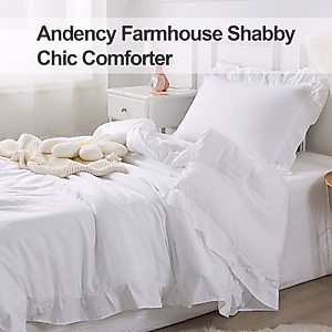 Andency White Comforter Twin Size, 2 Pieces Solid Farmhouse Shabby Chic Ruffle Bedding Comforters & Sets, All Season Soft Lightweight Fluffy Bed Set for Kids Girls Teens