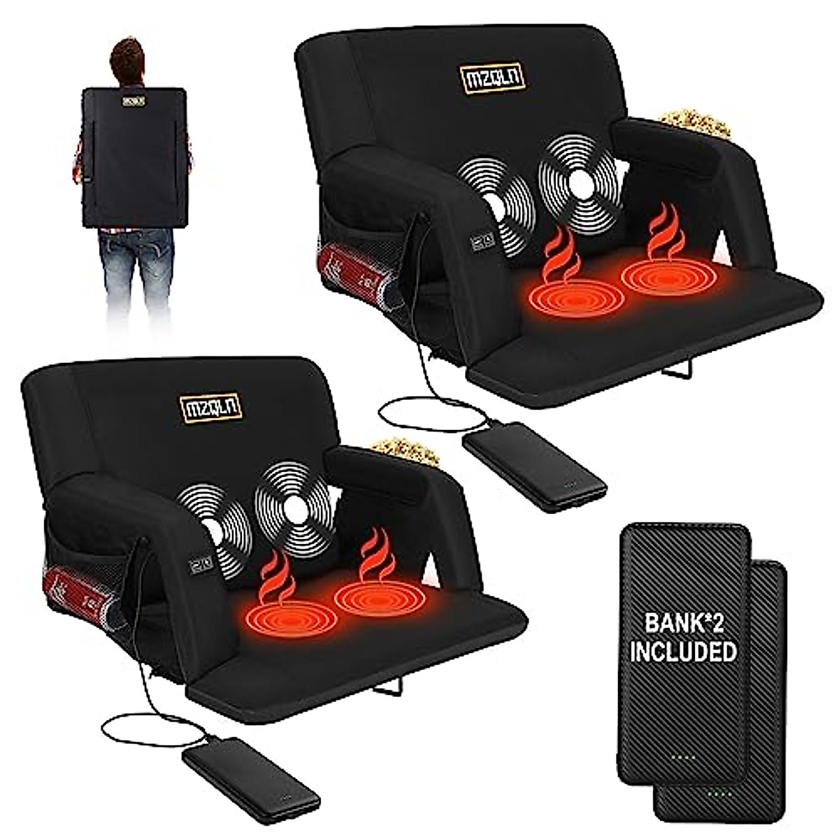 Heated Massage Stadium Seats, 25 Inche Folding Bleacher Chair with 10000mAh Portable Power*2, 3 Levels of Heat&Massage, 6 Reclining Positions for Camping, Games, Sports, and Other Outdoor Activities