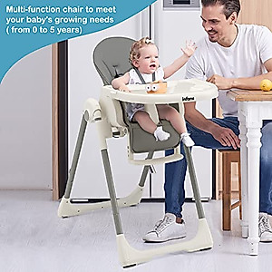 INFANS High Chair for Babies and Toddlers, Foldable Highchair with 7 Different Heights 4 Reclining Backrest Seat 3 Setting Footrest, Removable Tray Built-in Rear Wheels with Locks (Grey)