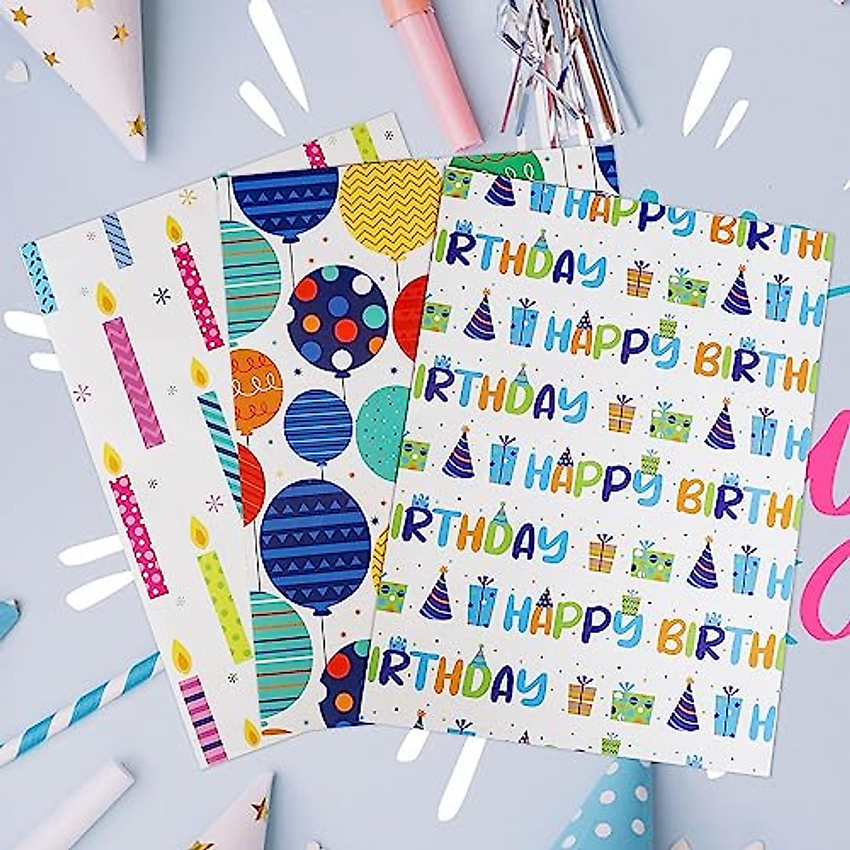 BULKYTREE Birthday Wrapping Paper for Boys Girls Kids Men Women Holiday Birthday Party - 3 Large Sheets Colorful Balloon 'Happy Birthday' Birthday Candles Gift Wrap - 27 Inch X 39.4 Inch Per Sheet