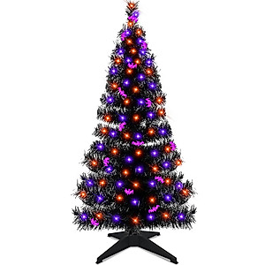 TURNMEON 4 Ft 80 LED Orange Purple Lighted Halloween Tree Decor with Timer DIY 25 Bats Ornament Battery Powered Full Artificial Black Xmas Christmas Tree Halloween Decorations Home Indoor Outdoor