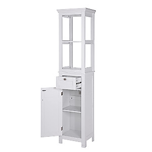 Spirich Home Bathroom Freestanding Storage Cabinet with Two Tier Open Shelves, Tall Slim Cabinet with Door and Drawer, Floor Linen Tower (White)
