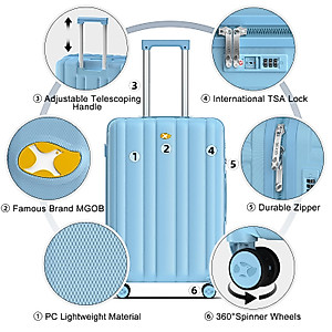 MGOB Carry On Luggage 22x14x9 Airline Approved, Hard Suitcases with Spinner Wheels, Polycarbonate Lightweight Luggage, Durable & Stylish, Built-in TSA Lock, Blue