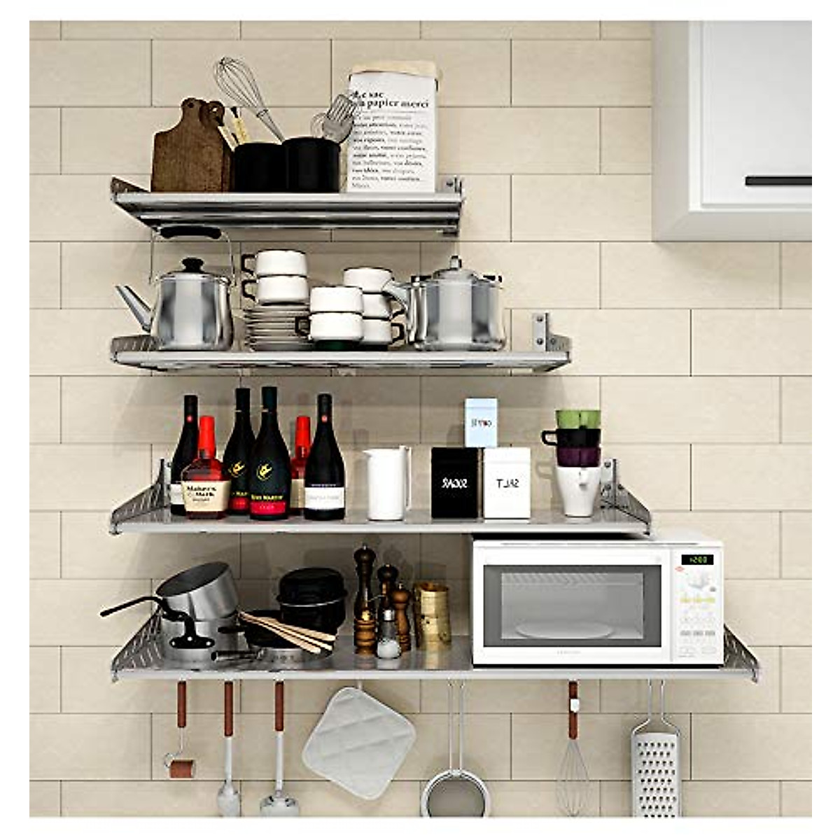 Funan Mountain Stainless Stell Wall Mount Shelf with Hooks 304 Bathroom Kitchen Commercial Shelf Rack Restaurant Bar Multifunctional Storage Shelf (10.63, 31.5)