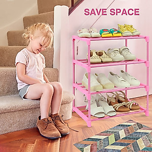 HITHIM 4-Tier Free Standing Shoe Racks for 6-8 Pairs Shoe Storage,Kids Shoe Racks for Small Place,Lightweight Stackable Shoe Shelf Organizer for Entryway, Doorway and Closet,Pink
