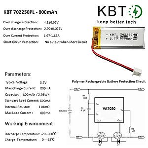 KBT 3.7V 800mAh Li-Polymer Battery: 702250 Lipo Rechargeable Lithium-ion Replacement Batteries with PH 2.54 JST Connector, PH1.25/2.0 JST Connector for Replacement - 3Pack