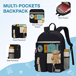 mommore Girls Backpack for School, Kawaii Kids Backpack, Lightweight Bookbag for Teen Girls with Bear Pendant, Travel Outdoors, Black