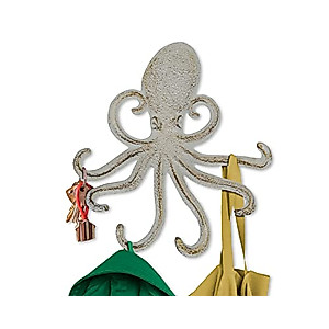 Cast Iron Octopus Wall Hook - Decorative Swimming Octopus Tentacles Key Hook for Entryway, Door Way or Bathroom - Novelty Wall Décor - Silver with Black Color with Screws and Anchors Included
