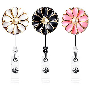 Qinsuee Retractable Badge Holder with Alligator Clip, 24 inch Retractable Cord, ID Badge Reel with Pearl, 3 Pack (Multiple)