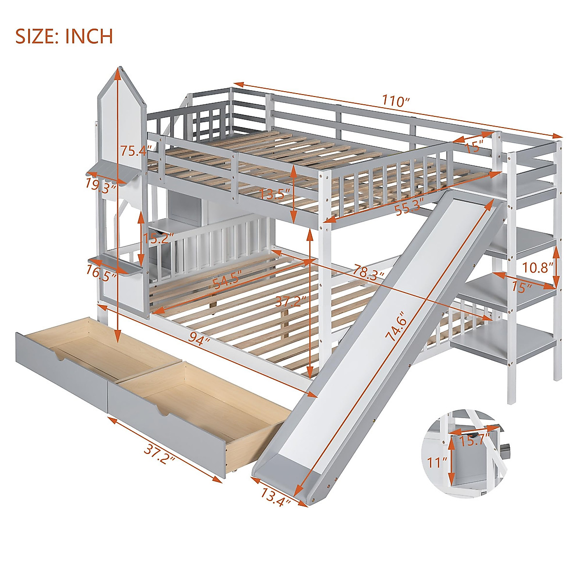 BIADNBZ Full Over Full Castle Style Bunk Bed with Slide and Stairs, Wooden Stairway BunkBed w/2 Drawers Storage and 3 Shelves for Kids Boys Girls Bedroom, Gray