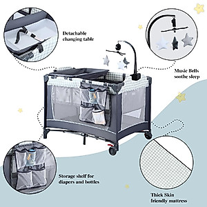 SIMPLGIRL Bedside Bassinet for Baby, 4 in 1 Pack n Play Bassinet Bedside Sleeper Baby Crib with Toys & Music Box, Mattress, Foldable Playard for Newborn