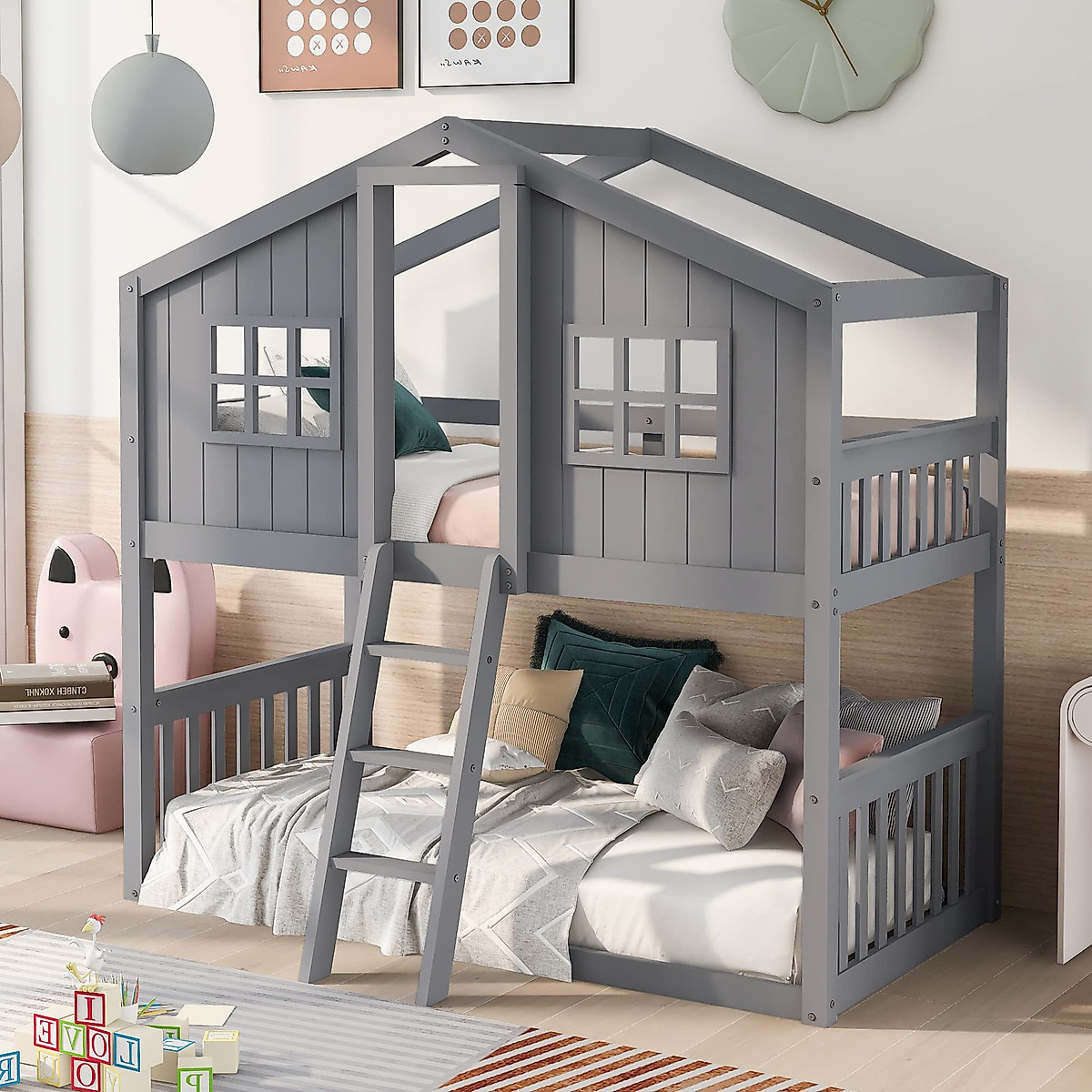 Harper & Bright Designs House Bunk Beds, Twin Over Twin Bunk Bed with Roof, Ladder and Windows, Floor Bunk Bed, Low Bunk Loft Bed for Kids Teens Boys & Girls, Gray
