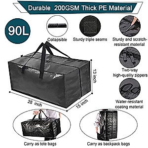 Rihim Moving Bags 90L - 4 Black Heavy Duty Extra Large Storage Bags for Clothes - Packing Bags with Backpack Straps Strong Handles Zippers - College Travelling Christmas Storage Moving Totes