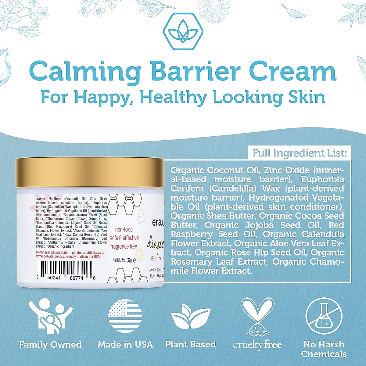 Era Organics Diaper Rash Cream For Baby - Extra Soothing and Moisturizing with Zinc Oxide, Organic Aloe Vera, Chamomile, Calendula Plus More - Gentle Butt Rash Moisturizer