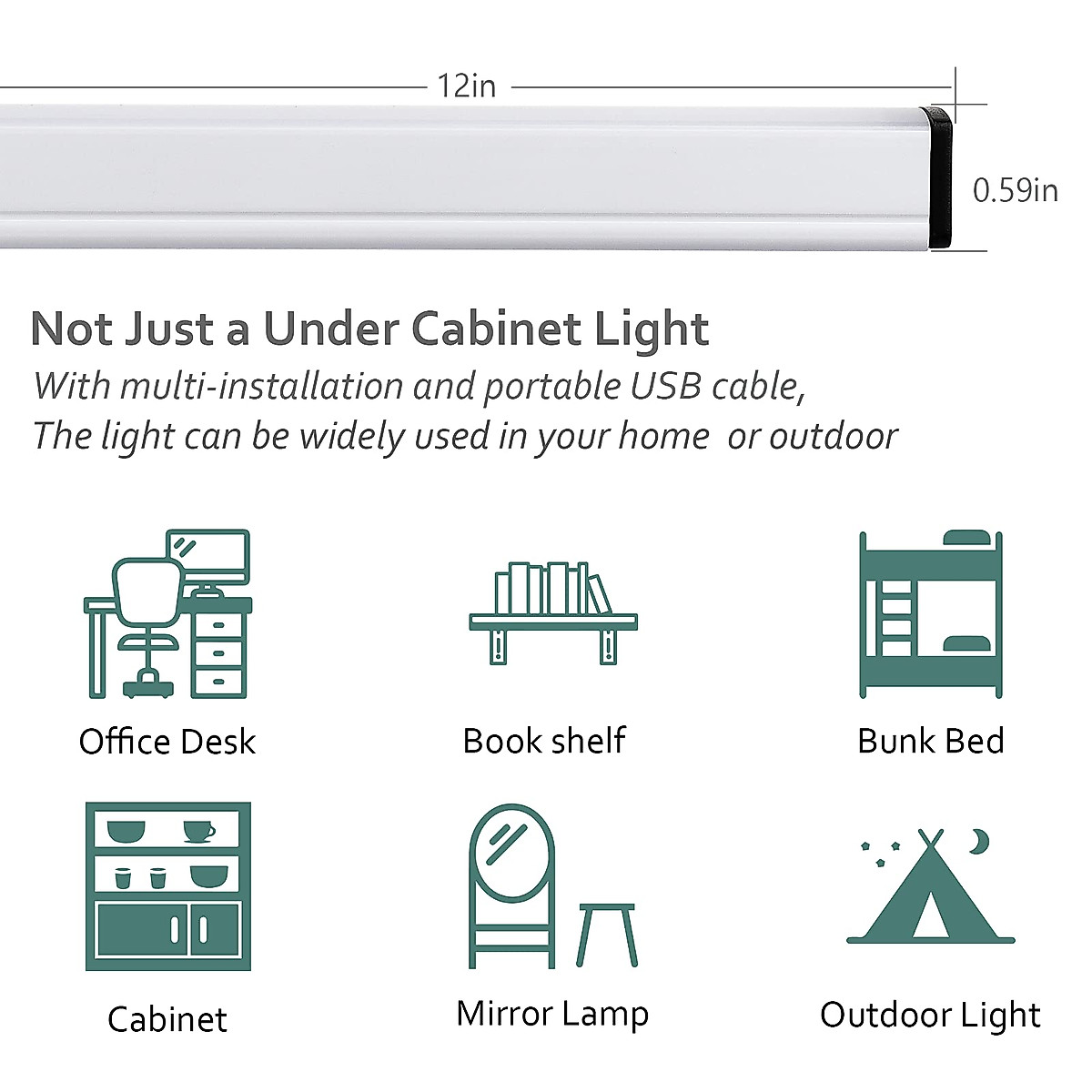 LED Under Cabinet Lighting Plug in, 12 Inch Under Cabinet Lights, USB Led Light Strip Bar, 5000K Cool White, Under Counter Light for Kitchen/Workbench/Shelf/Desk
