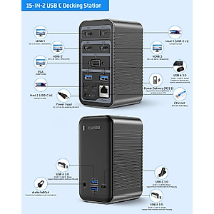 EUASOO Docking Station USB-C 4K Quadruple Display Universal Laptop Docking Station for MacBook and Windows (3 HDMI, VGA, Gigabit Ethernet, USB-C 3.0, 87W PD and 4 USB Ports), Triple Display for macOS