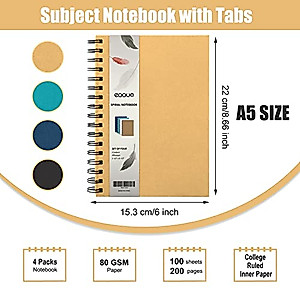 EOOUT 4 Pack Spiral Notebook, Notebook for Work, Hardcover Notebooks, College Ruled, 5.5"x8.5", 100 Sheets/200 Pages, 3 Subject with Removable Dividers, for School Supplies, Gifts