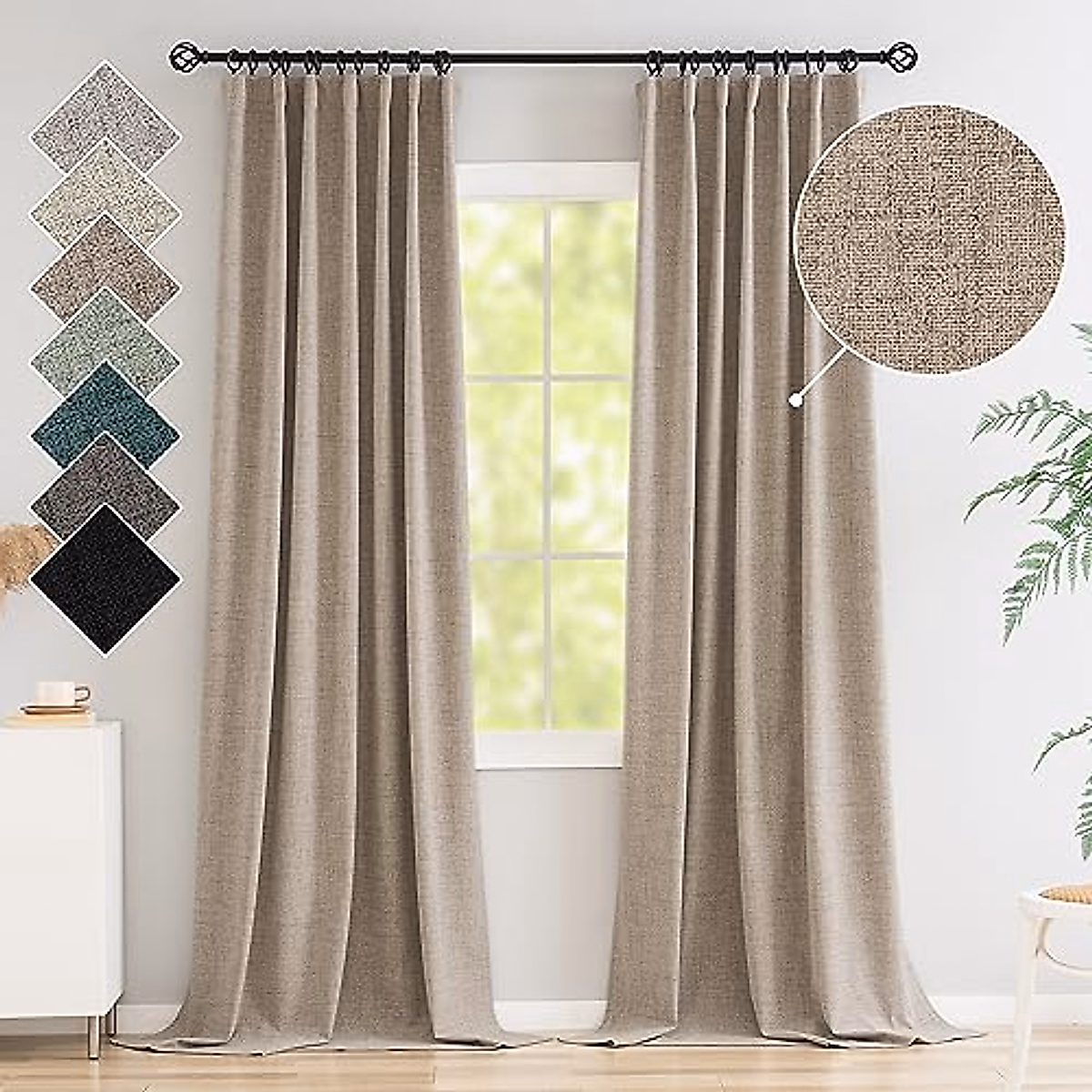 Novecozy 100% Blackout Curtains 84 Inches Length Long,Linen Thermal Insulated Curtains & Drapes for Bedroom/Living Room,Rod Pocket/Back Tab/Hook Belt/Ring Clips (2 Panels,W50 x L84 Inch,Natural)