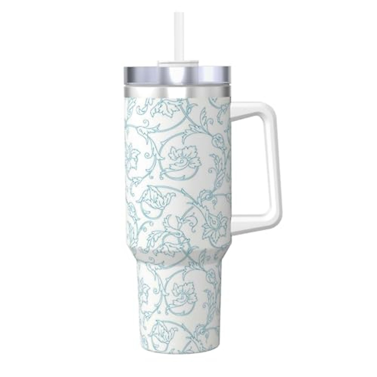 UIANG Floral Stainless Steel Triple Layer Insulated Travel Tumbler with Spill Resistant Lid, Straw, and Carry Handle, BPA Free, 40 oz,Flower with Gardening Plants,Blue Green