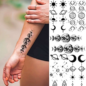 Shegazzi 15 Sheets Realistic Space Planets Chain Temporary Tattoos For Women Men Arm Neck, Butterfly Solar System Moon Sun Star Fake Tattoo Sticker, Small Universe Tatoos Kids Girls Boys Forearm Body