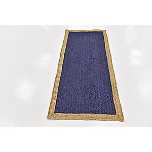 Unique Loom Braided Jute Collection Classic Quality Made Natural Hand Woven with Solid Color Detail, Area Rug, Runner 2' 6" x 6' 0", Navy Blue/Tan