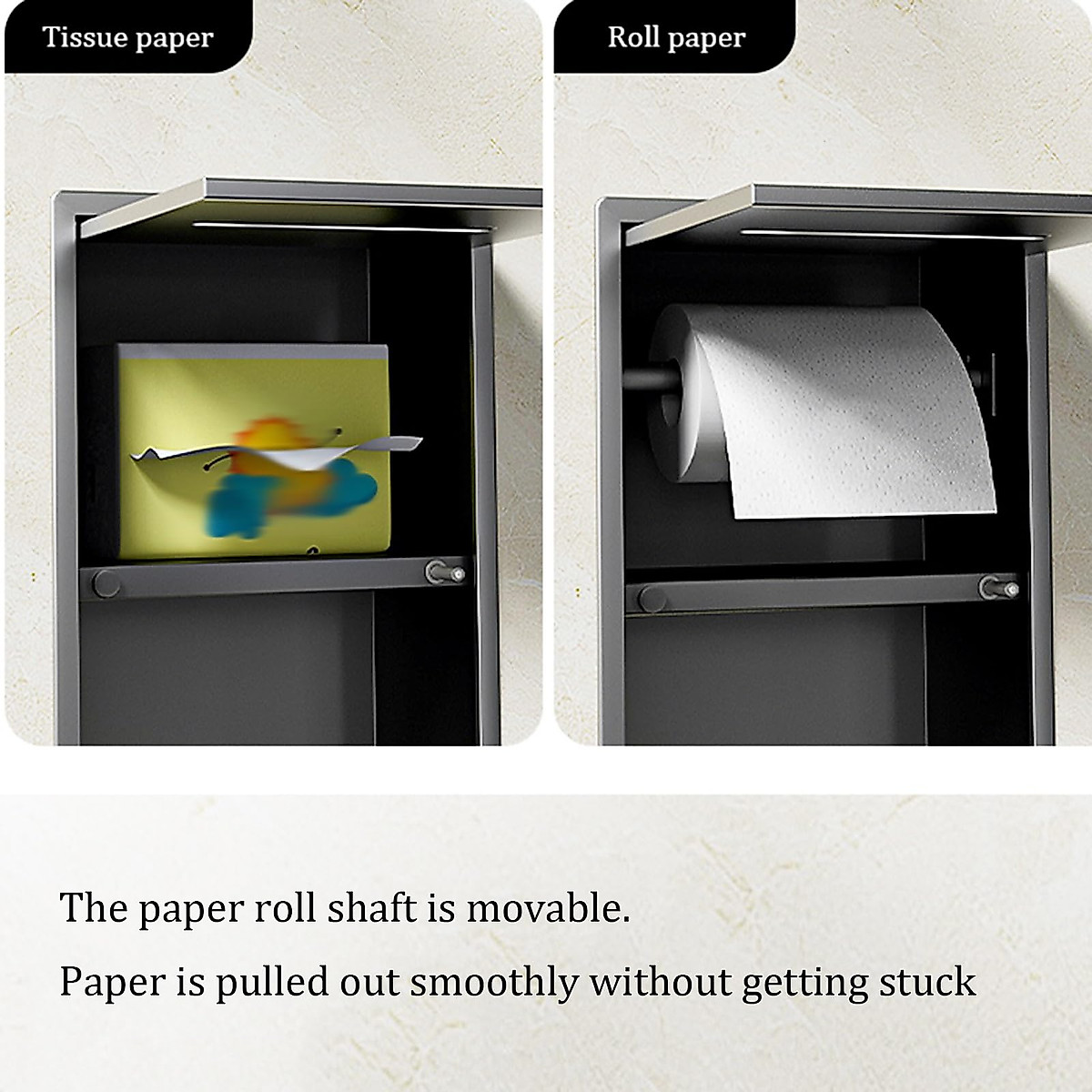 HJLKDYM Toilet Paper Dispenser with Recessed Wall Niche, No Tiles Required for Storage,Stainless Steel Toilet Paper Holder with Shelf,Multicolor(Black frame+black)