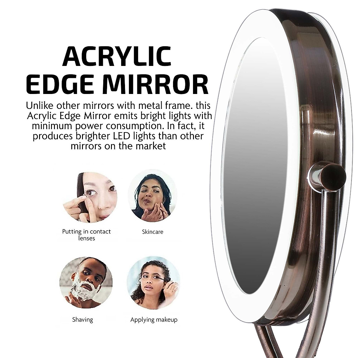 Ovente 7.5" Lighted Wall Mount Makeup Mirror, 1X & 10X Magnifier, Spinning Double Sided Round LED w/ Dimmer Switch, Extend, Retractable & Folding Arm, Battery USB Powered Antique Brass MLW75AB1X10X