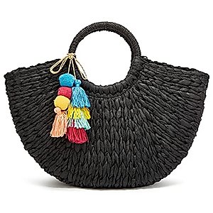 Women Straw Bag Large Woven Tote Bag with Pendant Round Handle Tote Retro Purse Hobo Summer Beach Handbag