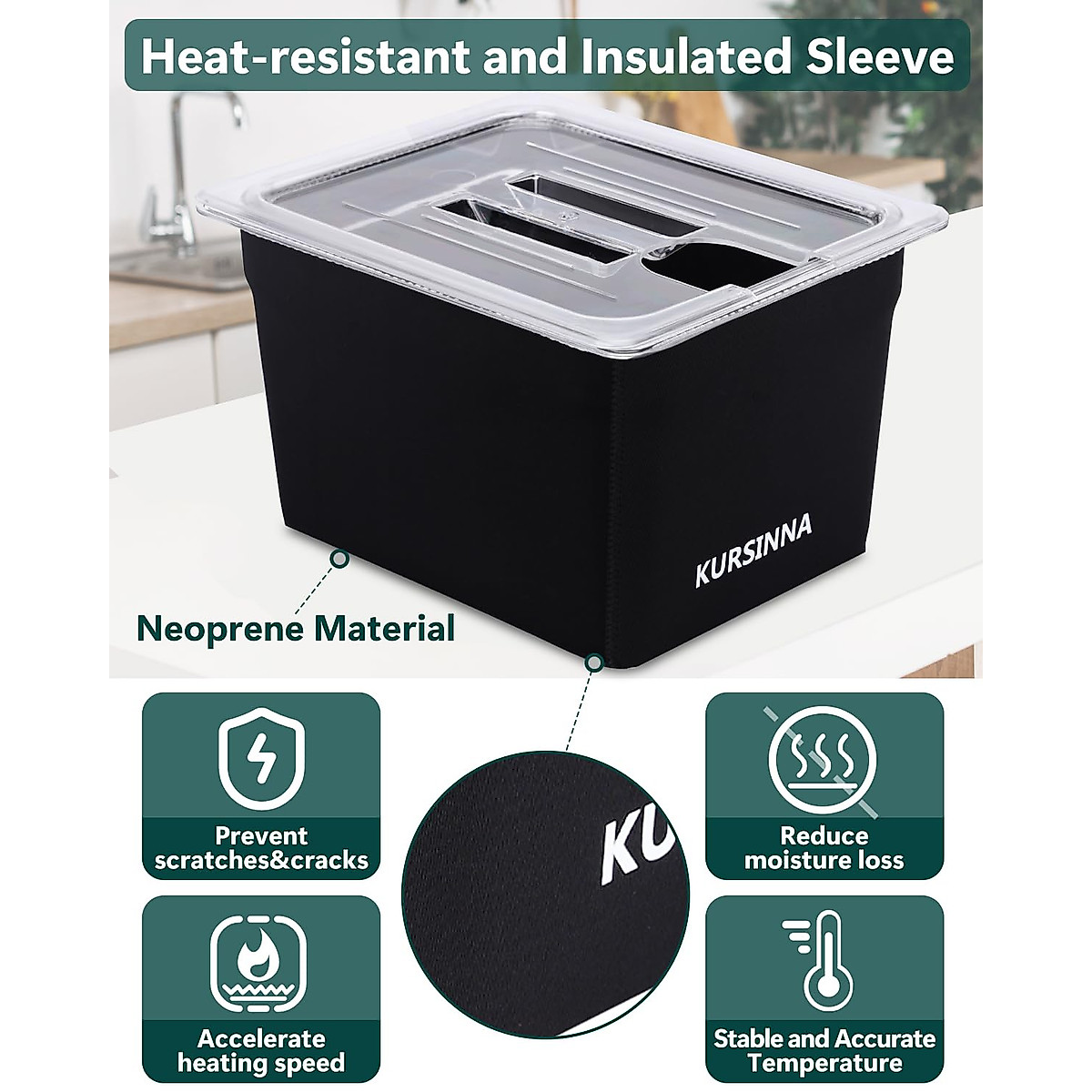 Kursinna 12QT Sous Vide Container with Lid, Fixed Rack, Kitchen Tong, Heat-Resistant Sleeve, BPA Free Container Fit Anova, Breville Joule, Instant Pot and Most Sous Vide Cooker