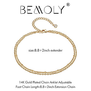 Bemoly Women Dainty Anklet,14K Gold Plated Satellite Anklet Double Layered Cute Beads Chain Tassel Coin Disc Heart Summer Ankle Bracelet Boho Beach Foot Chain