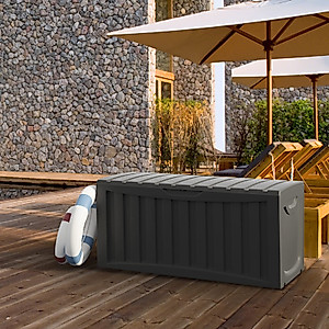 Goplus Outdoor Storage Box, Waterproof 90 Gallon Deck Box with Lockable Lid, Moving Rollers, Handle for Cushion, Pillow, Toy Garden Tools, Outdoor Resin Patio Storage Box for Lawn Yard, Easy Assembly