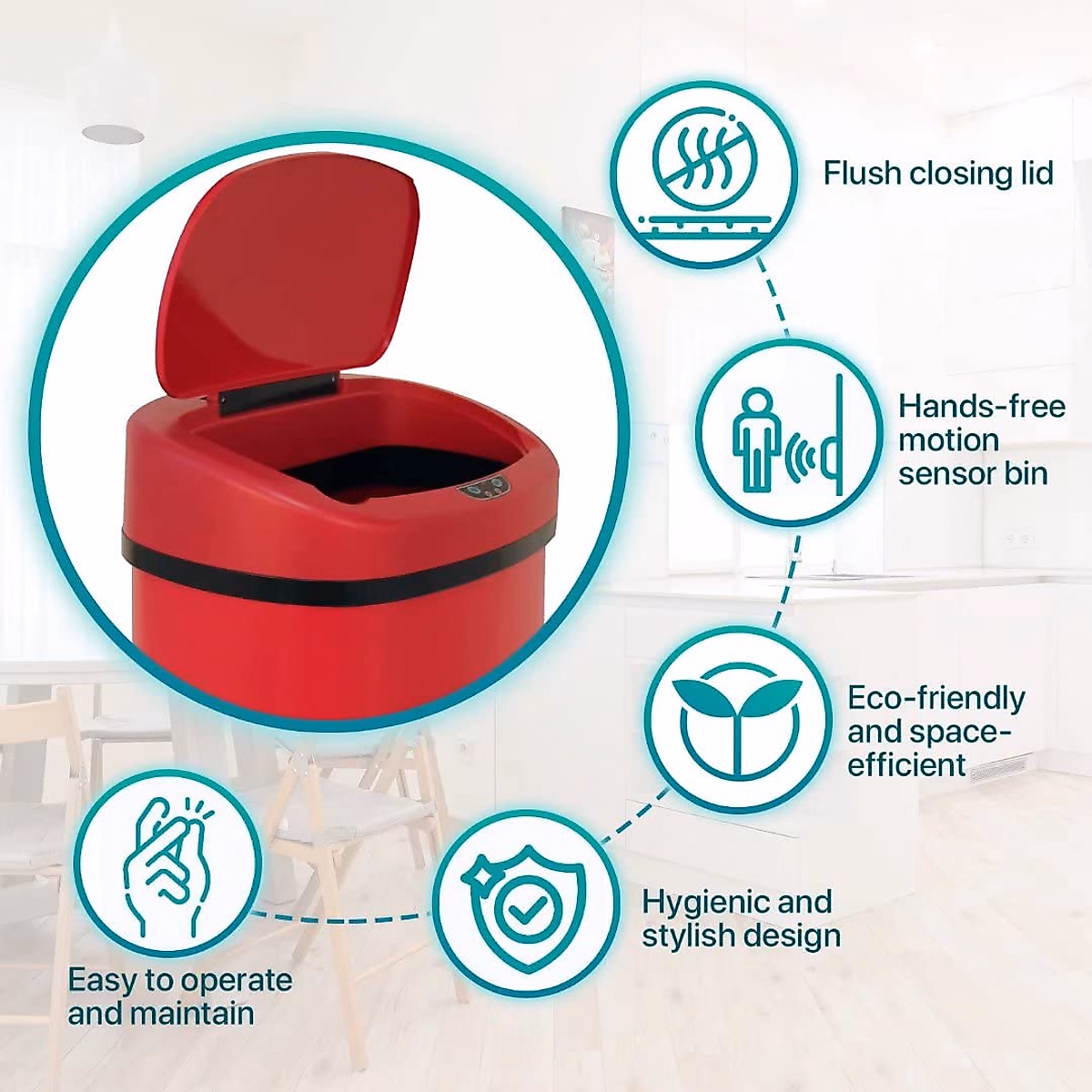 NiamVelo Kitchen Garbage Bin 13 Gallon Automatic Trash Can with Lid, Stainless Steel, Red