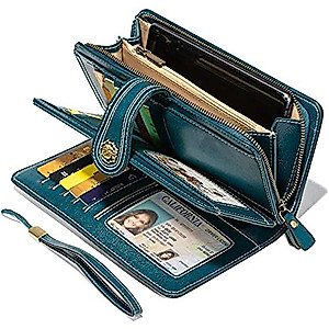 Behaniu Womens Multi Card slots Geniune Leather Wallet with Zipper Pocket Large Capacity RFID Blocking Credit Card Holder for Women (Peafowl Blue), Medium