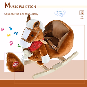 Qaba Kids Ride-On Rocking Horse Toy, Rocker with Lullaby Song, Hand Puppets & Soft Plush Fabric for Children 18-36 Months, Brown