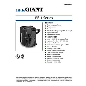 Little Giant PE-1H 115-Volt, 1/125 HP, 170 GPH Epoxy Encapsulated Small Submersible Direct Drive Pump with Hooded Volute, 6 Ft. Cord, Black, 518203