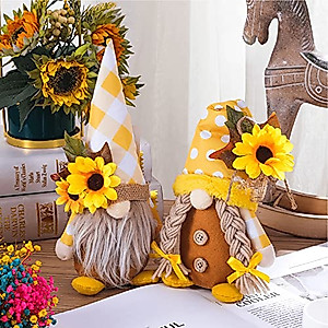 2PCS Sunflower Gnomes Plush Decorations, Summer Gnomes, Spring Gnomes, Scandinavia Honey Buffalo Plaid Sunflower Gnome Plush for Tiered Tray Kitchen Decor, Farmhouse Swedish Nisse Tomte Home Oranment