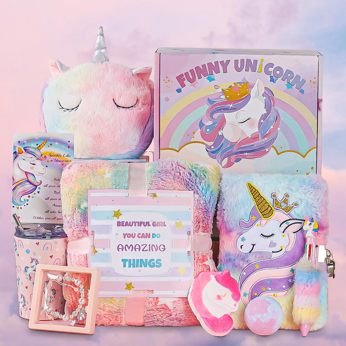 Decostatue Unicorn Gifts for Girls Age 6-8 - 10pcs Birthday Gift Box for 3 4 5 6 7 8 9 10 11 12 Year Old Toddler Girl for Girls with Unicorns Blanket for Teen girl Trendy 2024