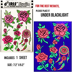Temporary Tattoos – 3 Sheets Tattoo Design Body Art Blacklight Reactive Light Festival Accessories Glow in the Dark Party Supplies | 7.2” x 5.2” Temp Tattoos Great for EDM EDC Party Rave Parties