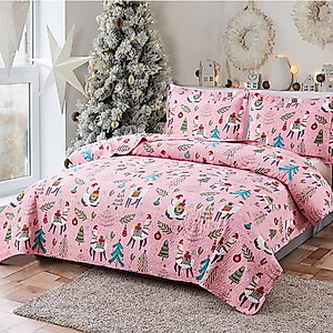 Christmas Bedspread Coverlets Twin Size Girls Quilt Set Xmas Pink Alpaca Bedding Kids Lightweight Bedspread Reversible Quilts Christmas Holiday Bed Cover Set，1 Quilt and 2 Pillow Shams