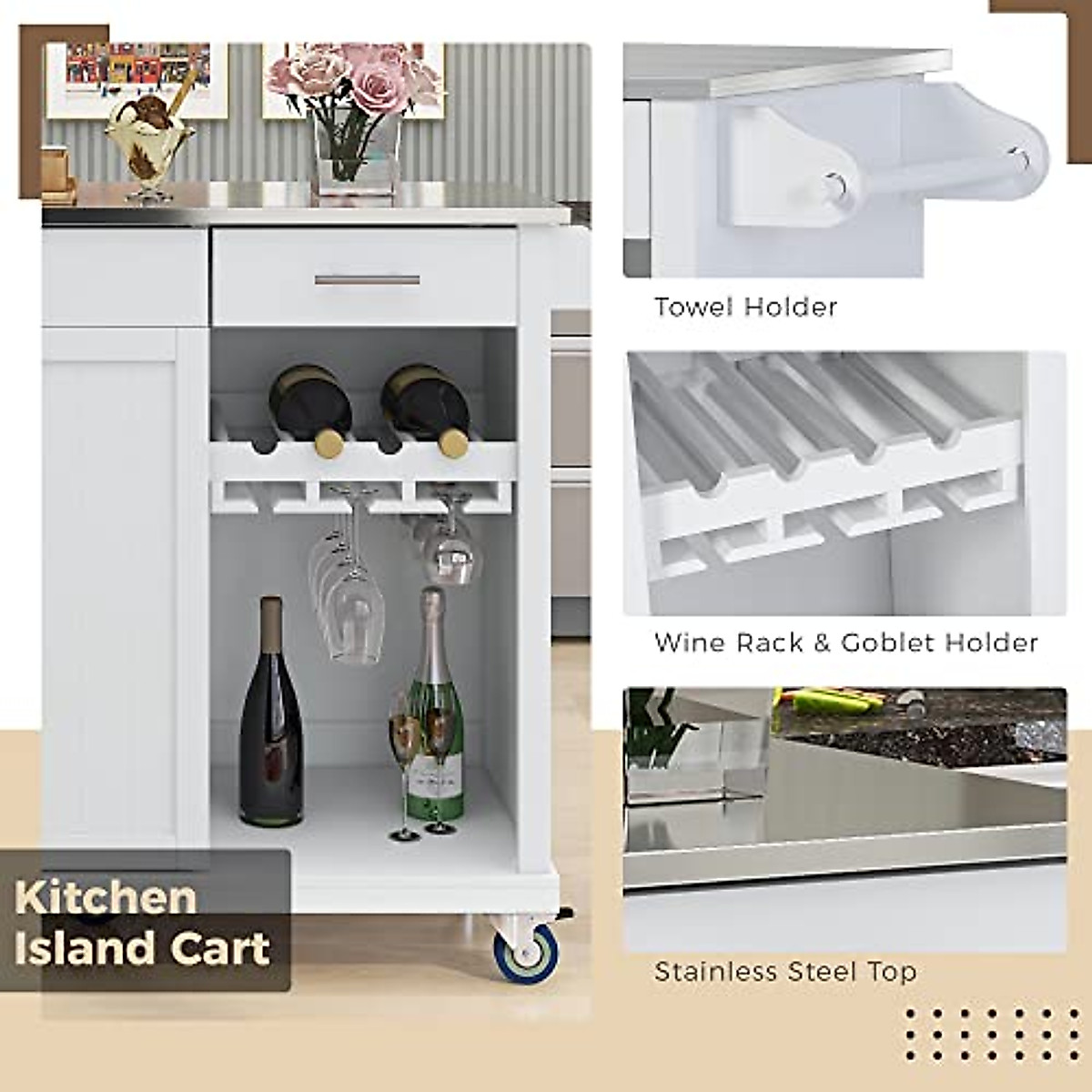 Rolling Kitchen Island Cart on Wheels, with Stainless Steel Countertop, 2 Storage Drawers & Goblet Holder & Spice Shelf, Towel Rack, for Dining Room, Restaurant, White
