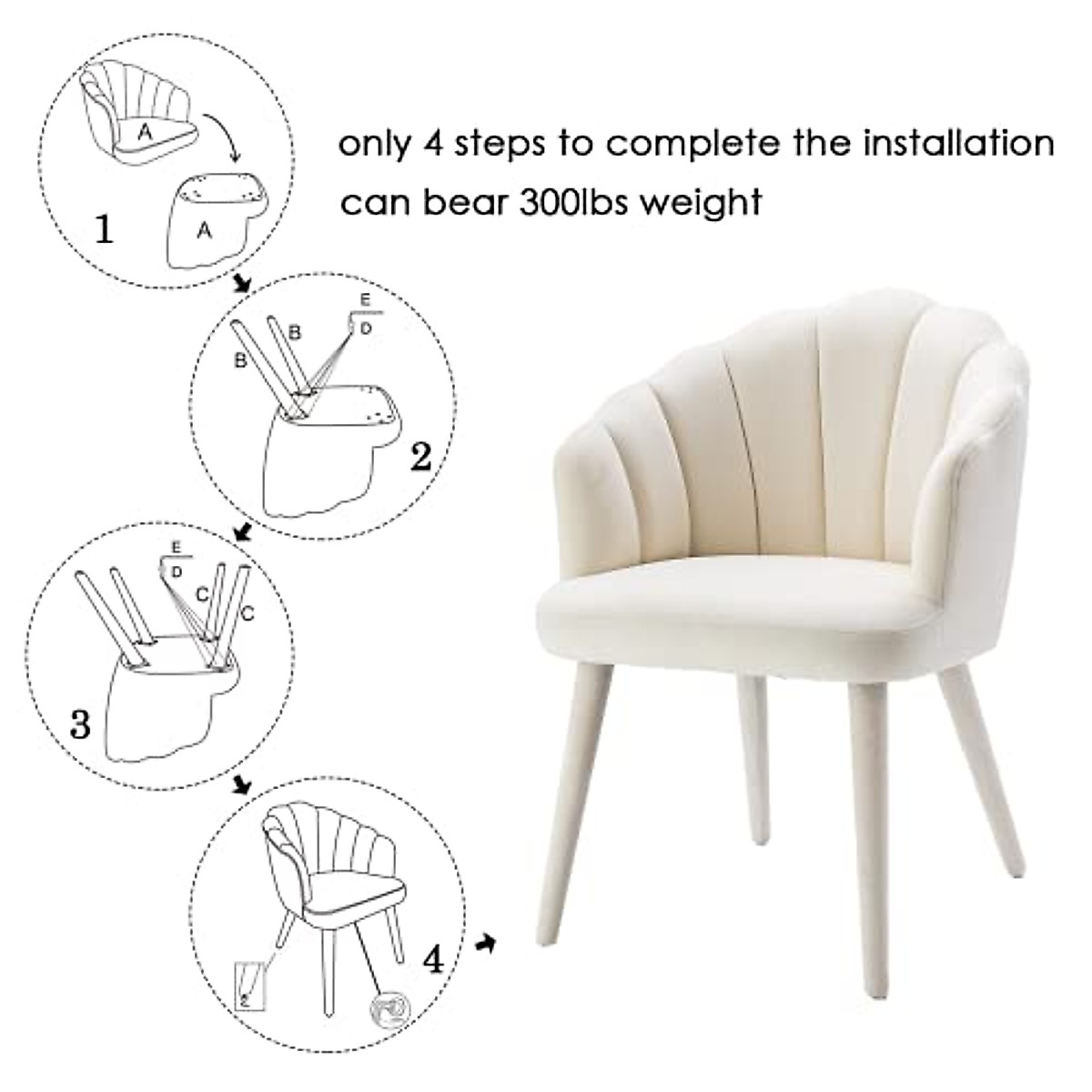 chairus Velvet Dining Chairs Set of 2, Upholstered Mid-Century Modern Living Room Chairs Comfy Accent Armchairs for Bedroom Kitchen Vanity with Petal Back & Fabric Covered Wooden Legs, Cream