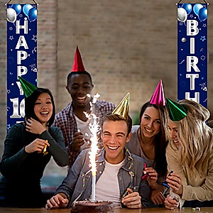 Blue Silver 16th Birthday Door Banner Decorations, Happy 16 Birthday Party Porch Sign Supplies for Boys, Sweet 16 Year Old Birthday Party DéCor