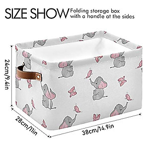 AGONA Large Foldable Storage Bin Cute Elephants Pink Butterflies Storage Bins Collapsible Decorative Fabric Storage Baskets with Leather Handles for Home Closet Bedroom Organizer Nursery 1 Pack