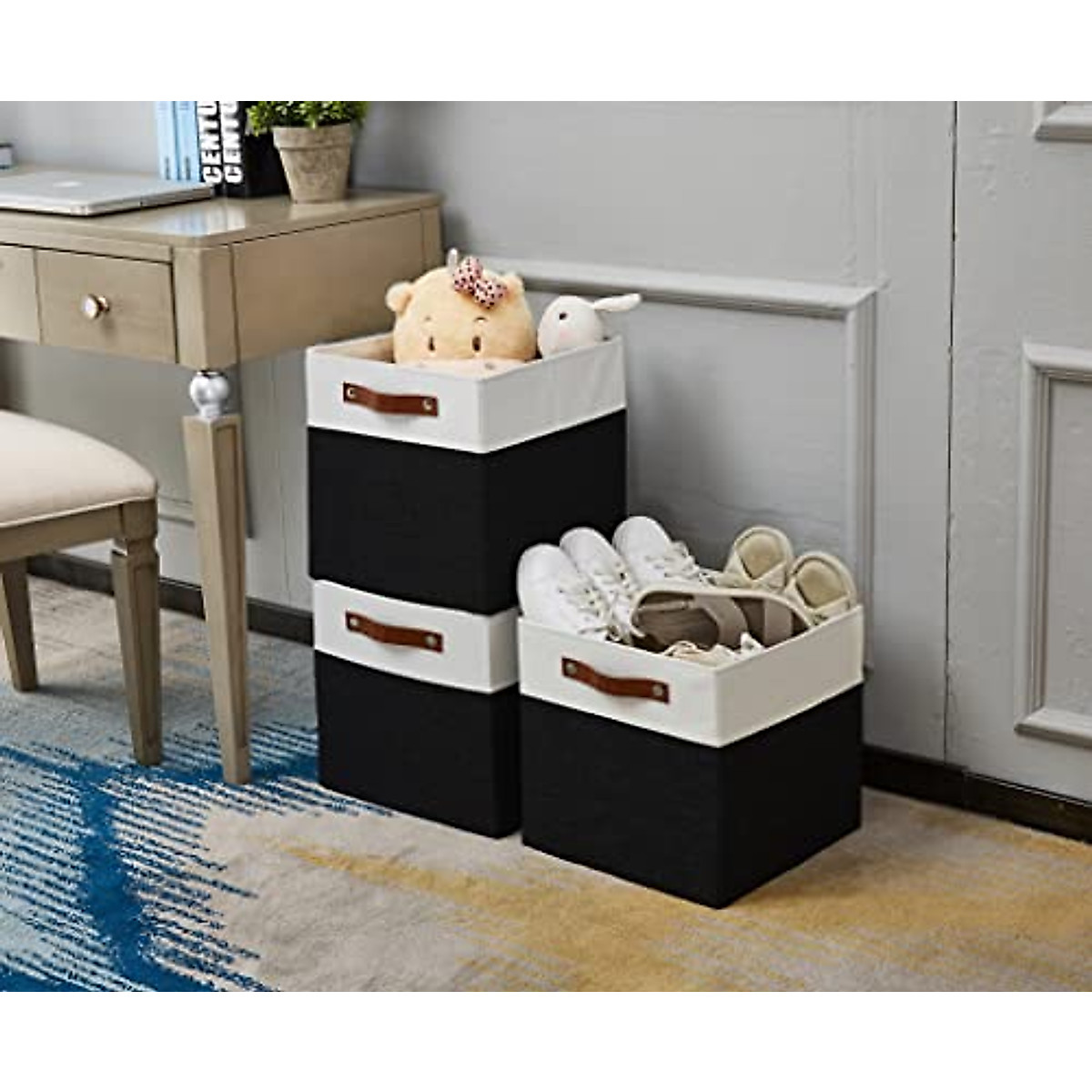 DECOMOMO Cube Storage Bins | Fabric Storage Cubes Closet Organizer Cubby Bins for Shelves Cloth Nursery Decorative Storage Cubes with Handles (Black &White, 11 x 11 x 11 inch)