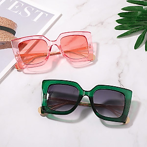 FEISEDY Sunglasses Womens Trendy, Oversized Square Shades, Pearl Inlay Cat Eye Frame UV400 Protection B2625,Clear Green/Gradient Grey