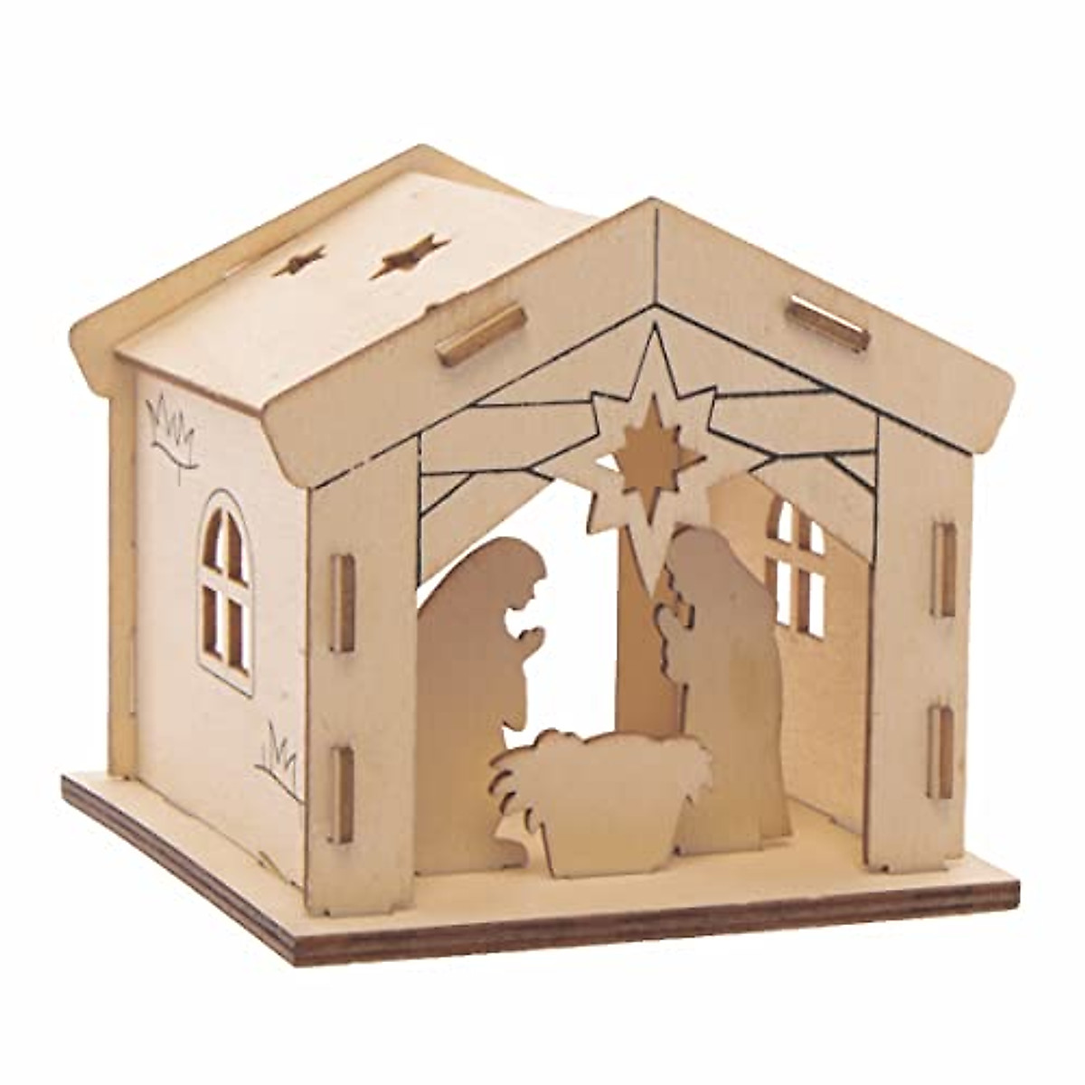 Baker Ross FC206 Nativity Stable Wooden Model Kit - Pack of 3, Tealight Holder to Decorate and Display, Wooden Crafts for Children, Ideal Christmas Arts and Crafts Project