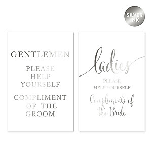 Andaz Press Framed Wedding Party Signs, Metallic Silver Ink, 4x6-inch, 2-Pack, Ladies Gentlemen Please Help Yourself Compliment of The Bride Groom Bathroom Basket Signs, Double-Sided, Decorations