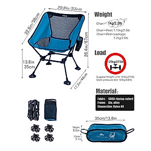 iClimb Ultralight Compact Camping Folding Beach Chair with Anti-Sinking Large Feet and Back Support Webbing (Blue - Square Frame)
