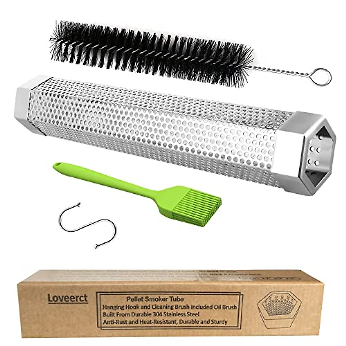 Loveerct Pellet Smoker Tube 12in Stainless Steel BBQ Smoke Tube for Hot or Cold Smoking 5 Hours of Billowing smoke,Stainless Steel Pellet Smoker Tube for All Grill or Smoker